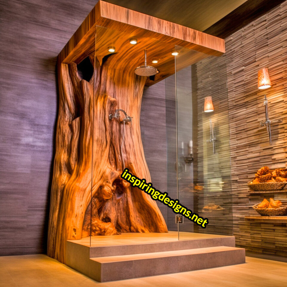 These Epic Showers Are Made From Giant Slabs of Live Edge Wood