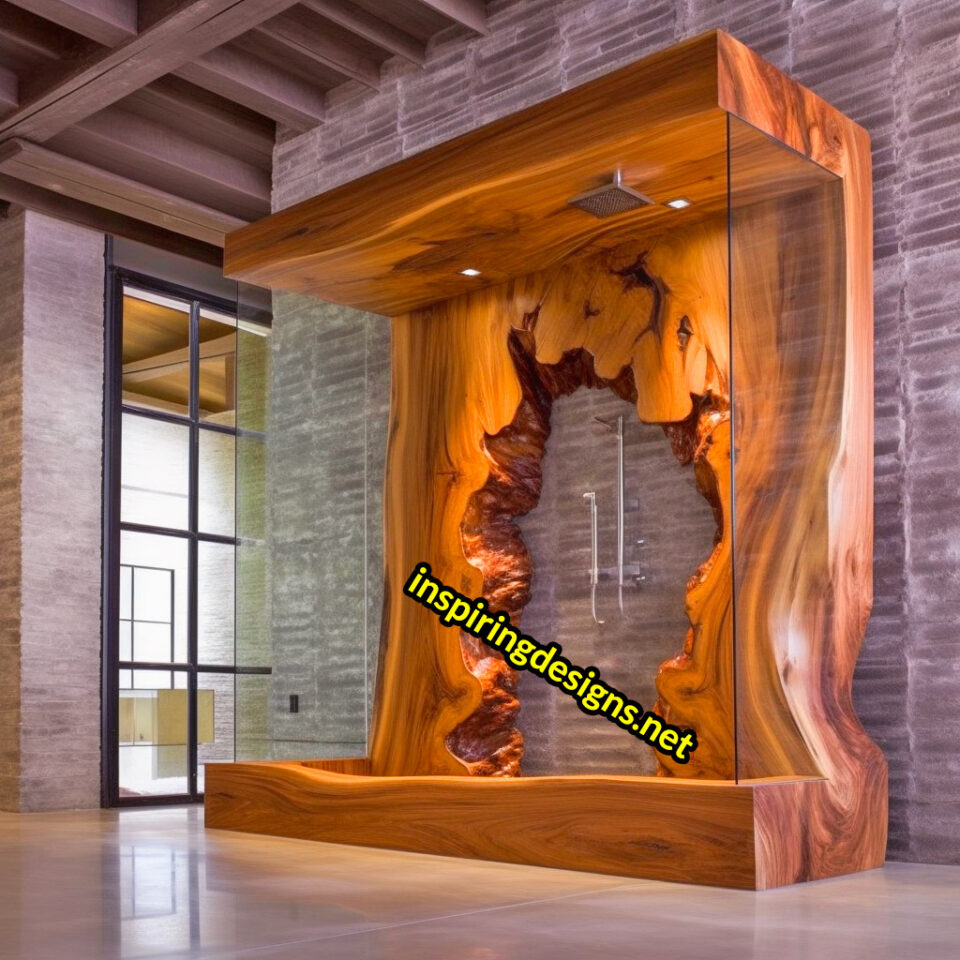 These Epic Showers Are Made From Giant Slabs of Live Edge Wood