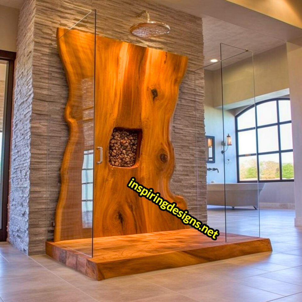 These Epic Showers Are Made From Giant Slabs of Live Edge Wood