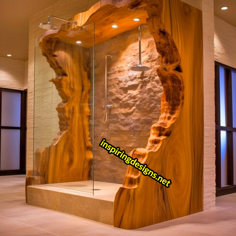 These Epic Showers Are Made From Giant Slabs of Live Edge Wood