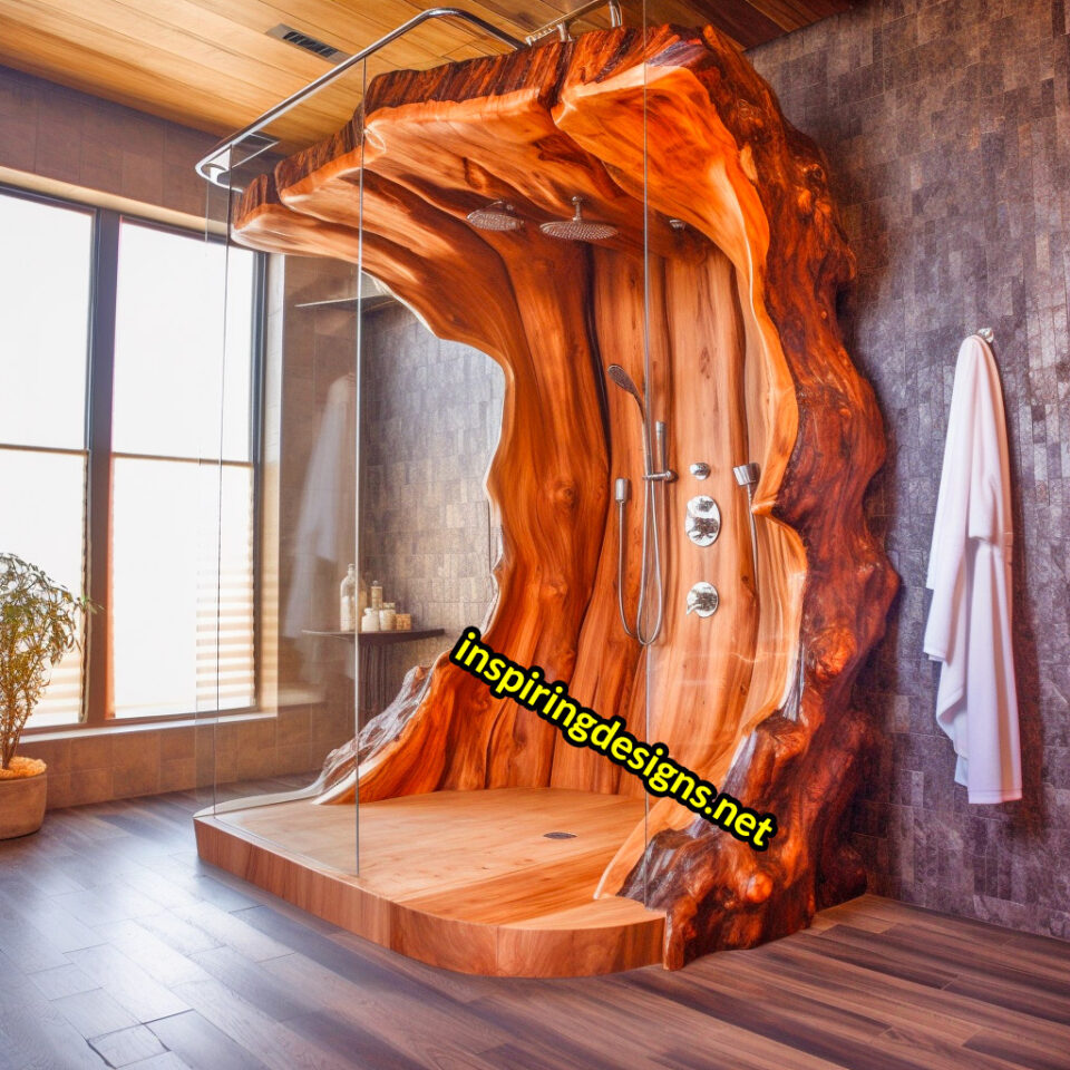 These Epic Showers Are Made From Giant Slabs of Live Edge Wood