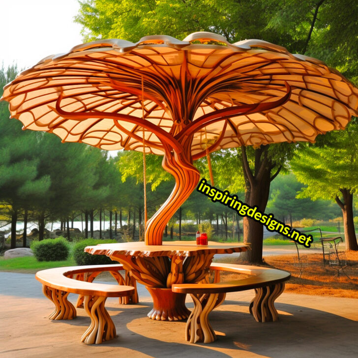 These Tree and Mushroom Shaped Picnic Table and Umbrella Sets Transform ...