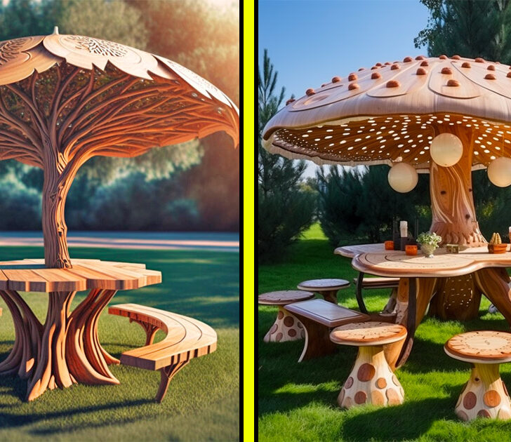 These Tree and Mushroom Shaped Picnic Table and Umbrella Sets Transform ...