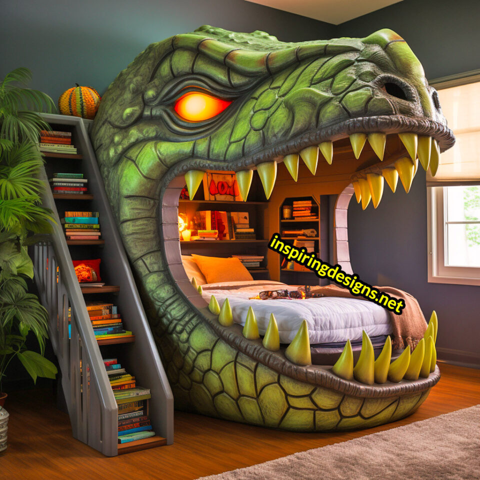 These Giant Dinosaur Shaped Bunk Beds Turn Sleepovers into Dino Adventures