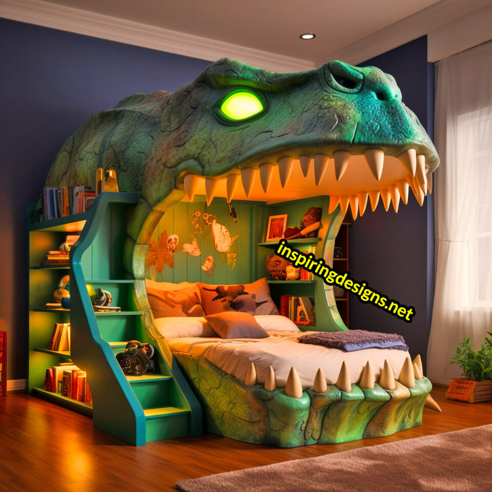 These Giant Dinosaur Shaped Bunk Beds Turn Sleepovers into Dino Adventures