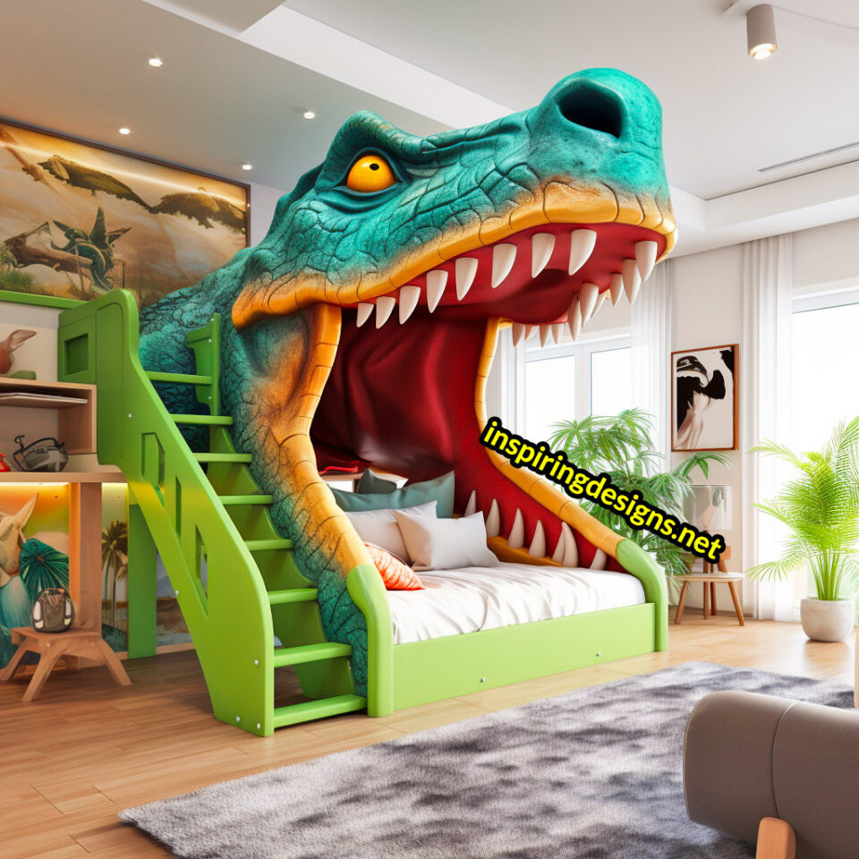 These Giant Dinosaur Shaped Bunk Beds Turn Sleepovers into Dino Adventures