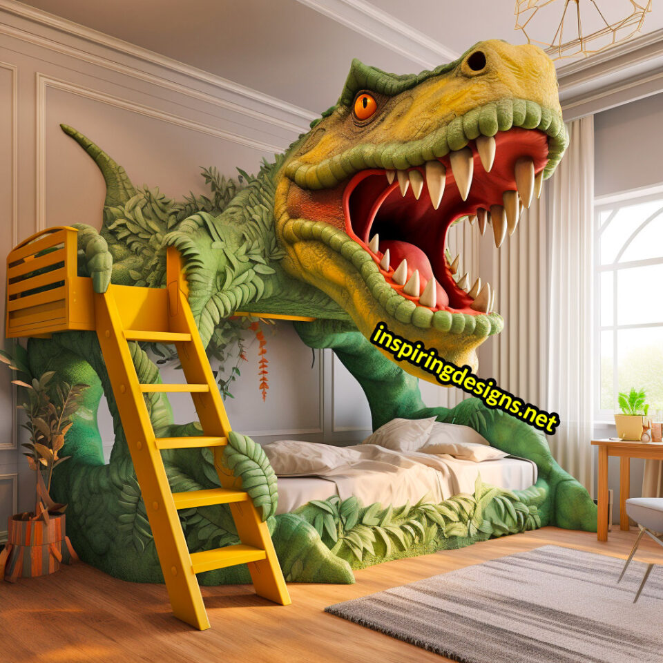 These Giant Dinosaur Shaped Bunk Beds Turn Sleepovers into Dino Adventures