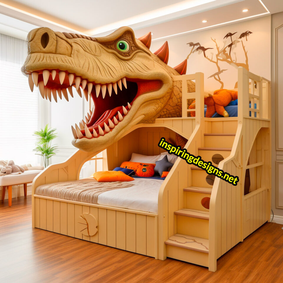 These Giant Dinosaur Shaped Bunk Beds Turn Sleepovers into Dino Adventures