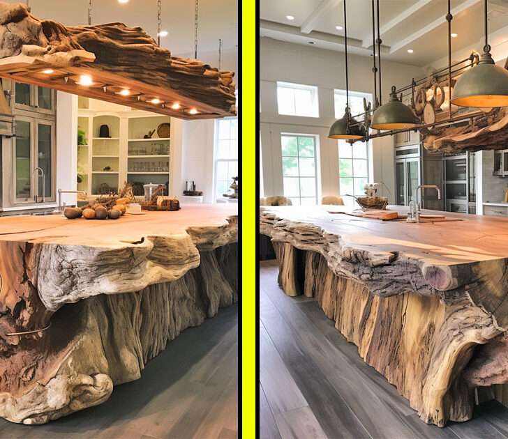 These Giant Raw Edge Wood Kitchen Islands Are Nature’s Masterpiece in ...