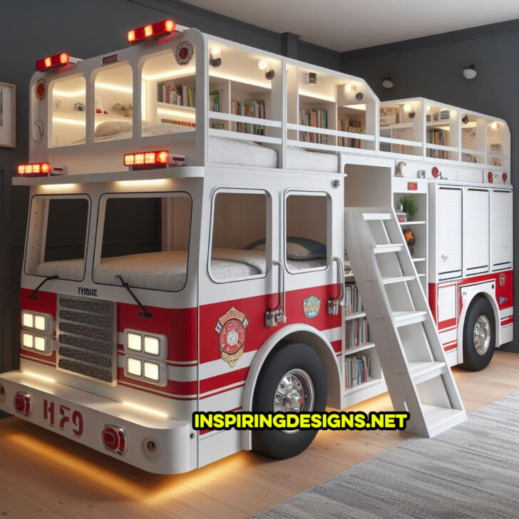 These Police and Firetruck Kids Bunk Beds Have Built-in Libraries!