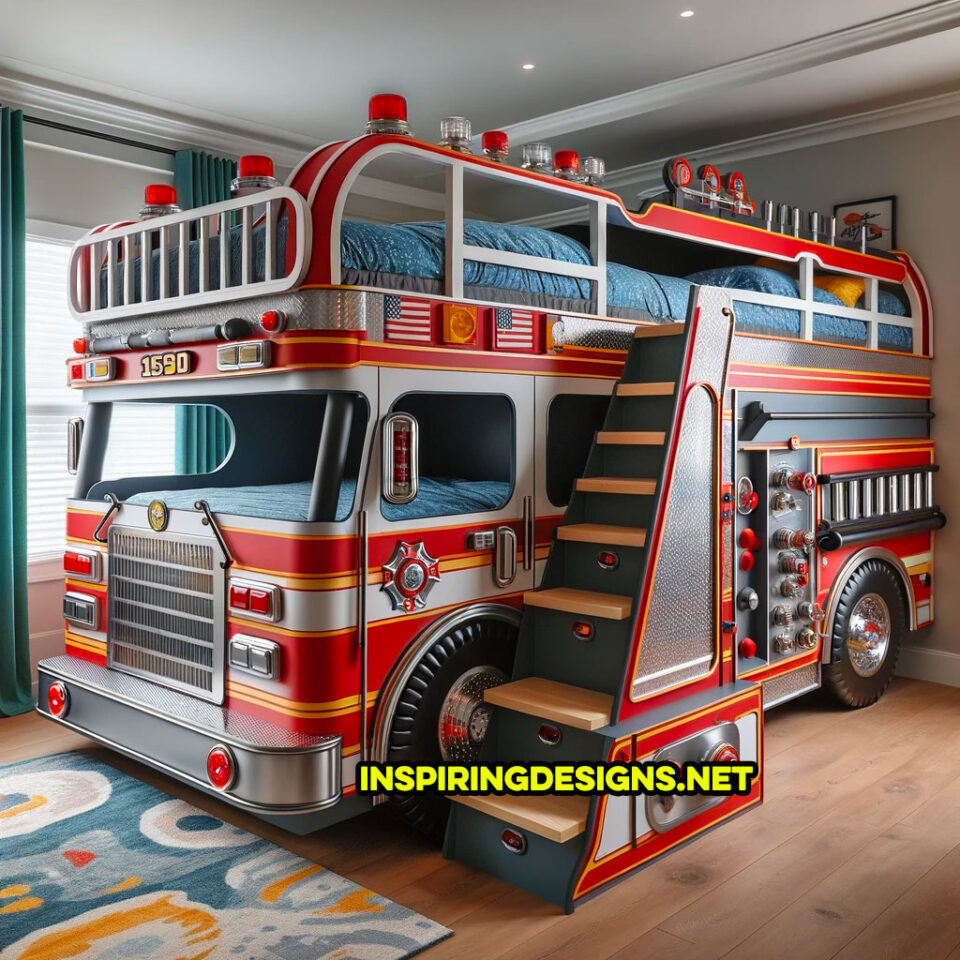 These Police and Firetruck Kids Bunk Beds Have Built-in Libraries!
