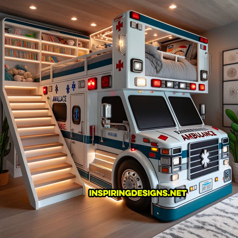 These Police and Firetruck Kids Bunk Beds Have Built-in Libraries!