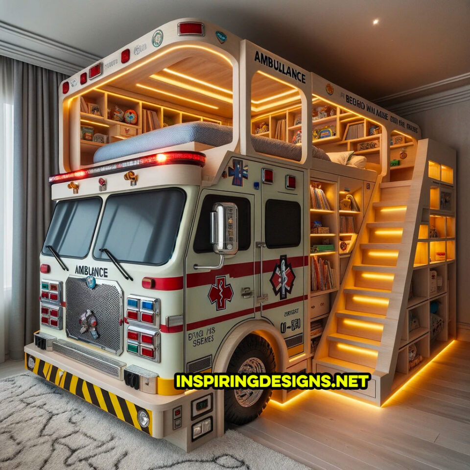 These Police and Firetruck Kids Bunk Beds Have Built-in Libraries!