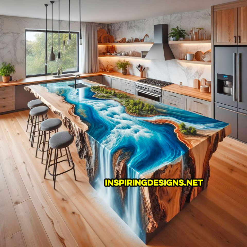 These Epoxy Waterfall Kitchen Islands Bring a Splash of Nature Right ...