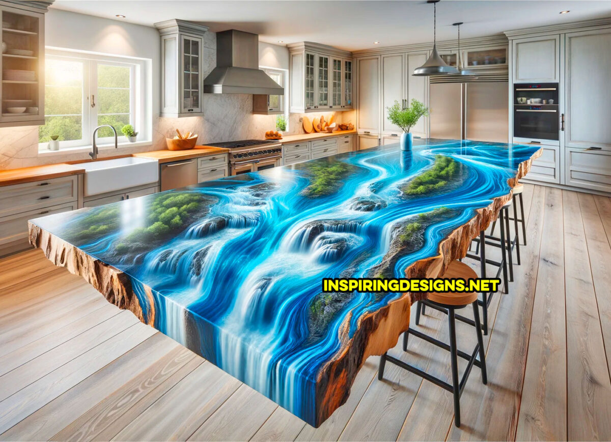These Epoxy Waterfall Kitchen Islands Bring a Splash of Nature Right ...