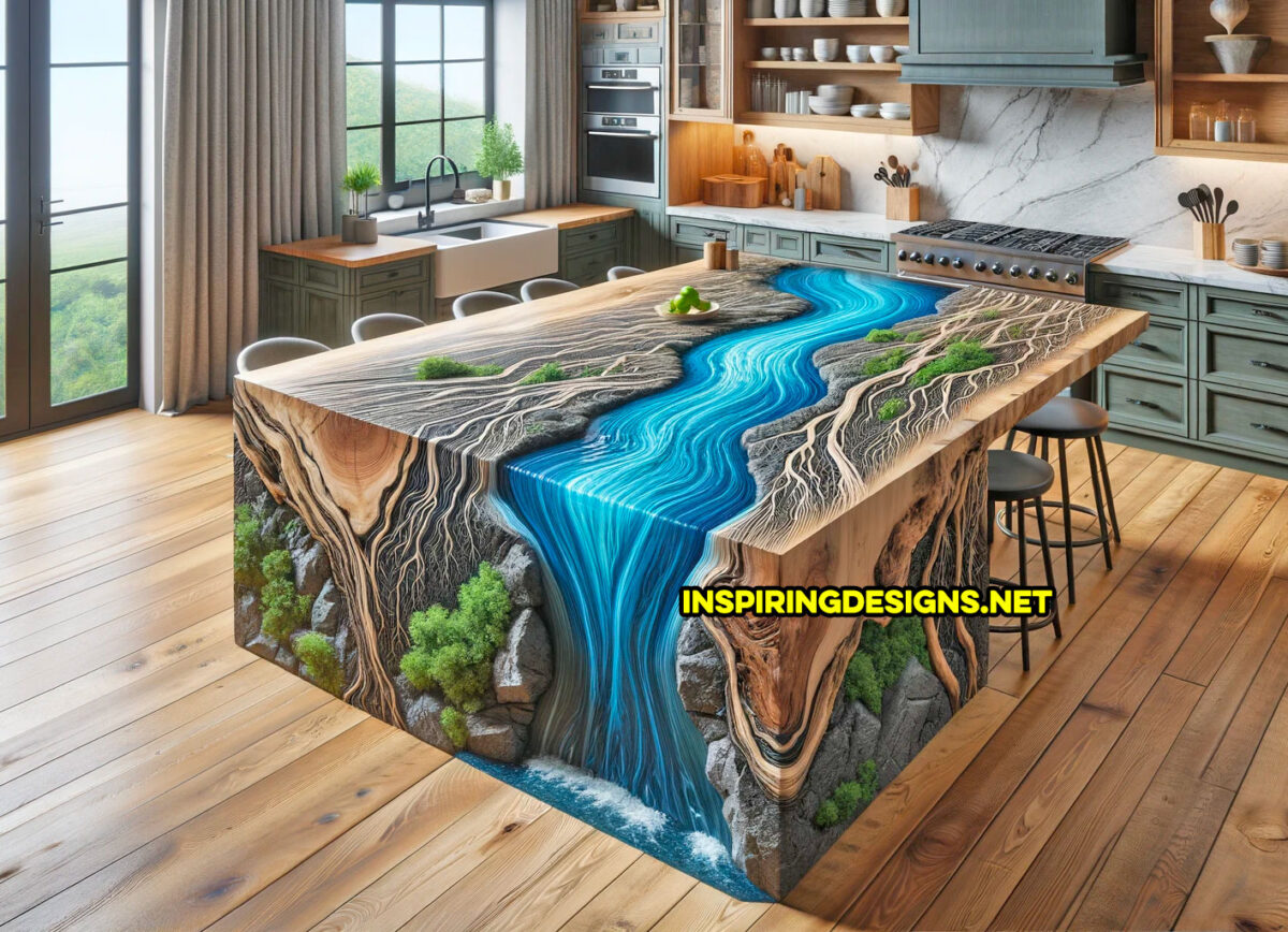 These Epoxy Waterfall Kitchen Islands Bring a Splash of Nature Right ...