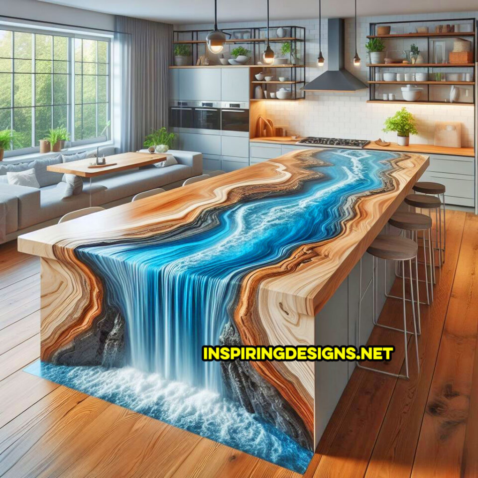 These Epoxy Waterfall Kitchen Islands Bring a Splash of Nature Right ...
