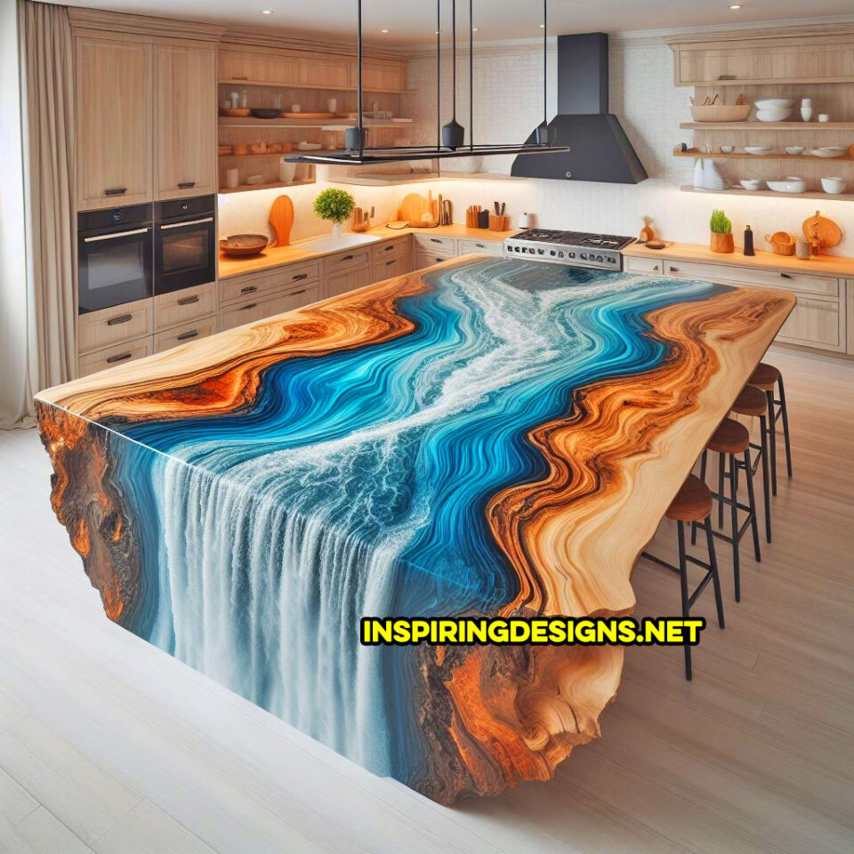 These Epoxy Waterfall Kitchen Islands Bring a Splash of Nature Right ...