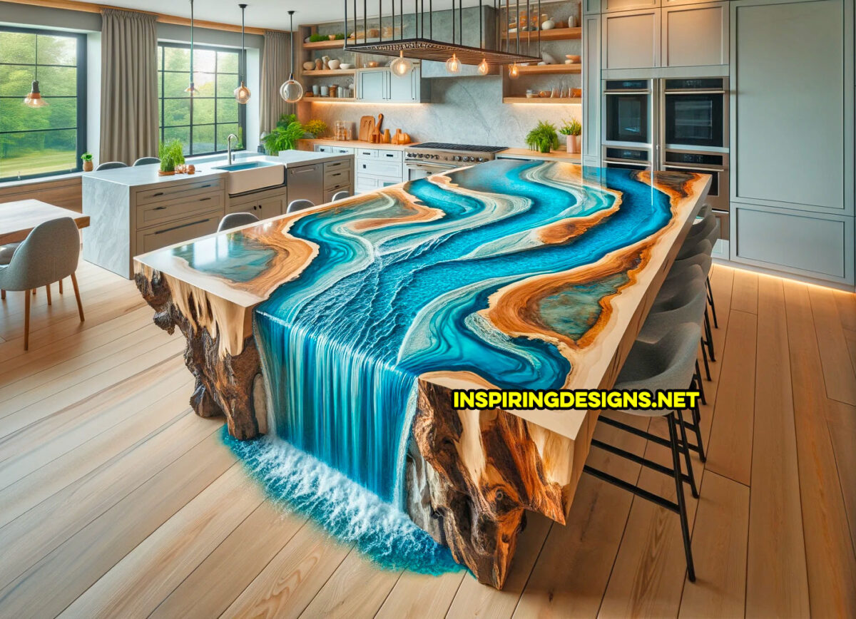 These Epoxy Waterfall Kitchen Islands Bring a Splash of Nature Right ...