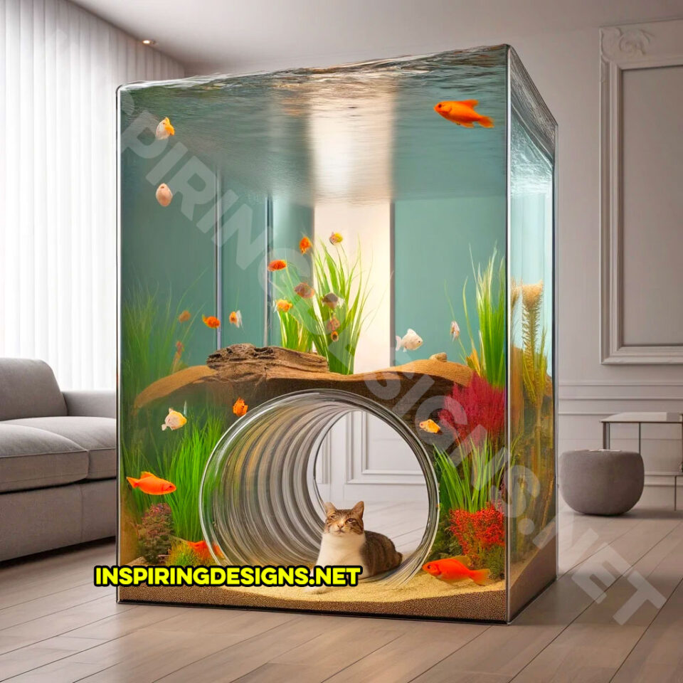 These Aquariums Have Built-In Tunnels For Your Cats To Watch Your Fish
