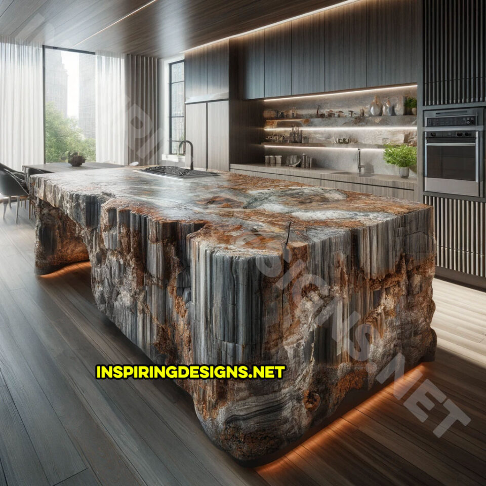 These Petrified Wood Kitchen Islands Are Ancient Art in Modern Homes