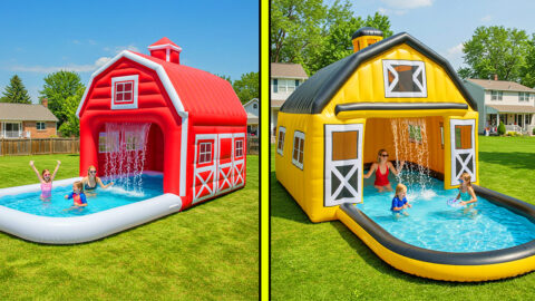 These Inflatable Barn Pools Have Built-in Waterfalls Over The Entrance