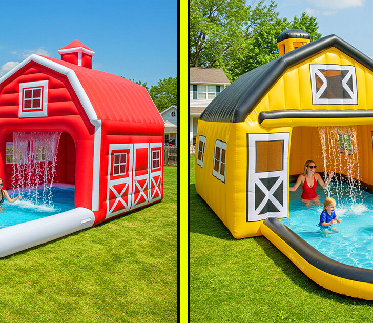 These Inflatable Barn Pools Have Built-in Waterfalls Over The Entrance ...