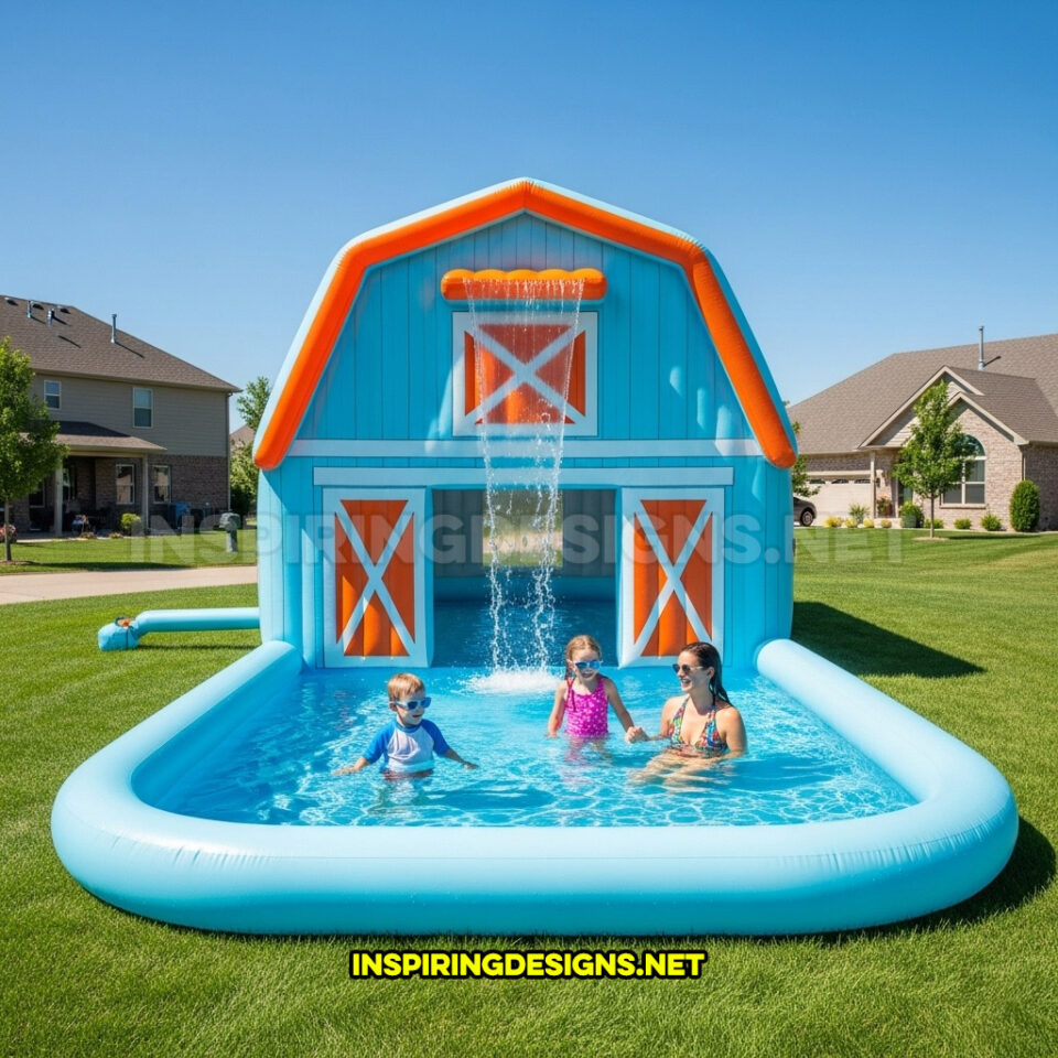 These Inflatable Barn Pools Have Built-in Waterfalls Over The Entrance