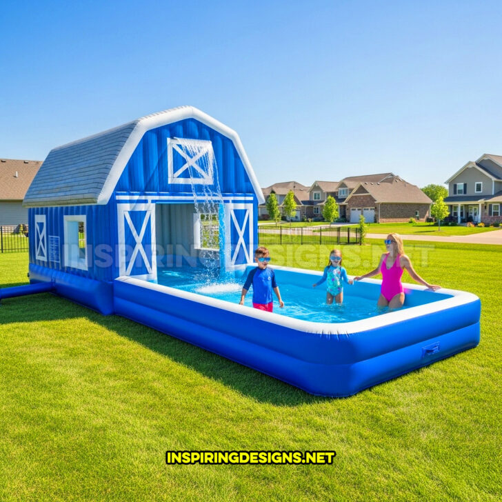 These Inflatable Barn Pools Have Built-in Waterfalls Over The Entrance