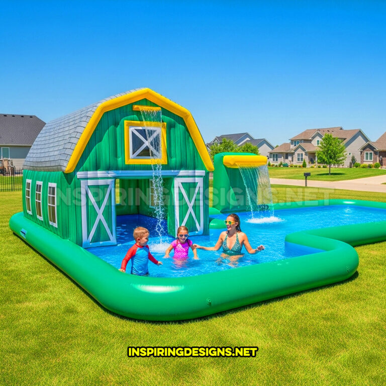 These Inflatable Barn Pools Have Built-in Waterfalls Over The Entrance