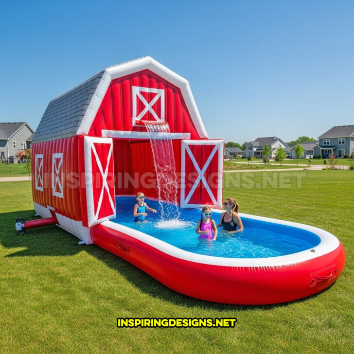 These Inflatable Barn Pools Have Built-in Waterfalls Over The Entrance