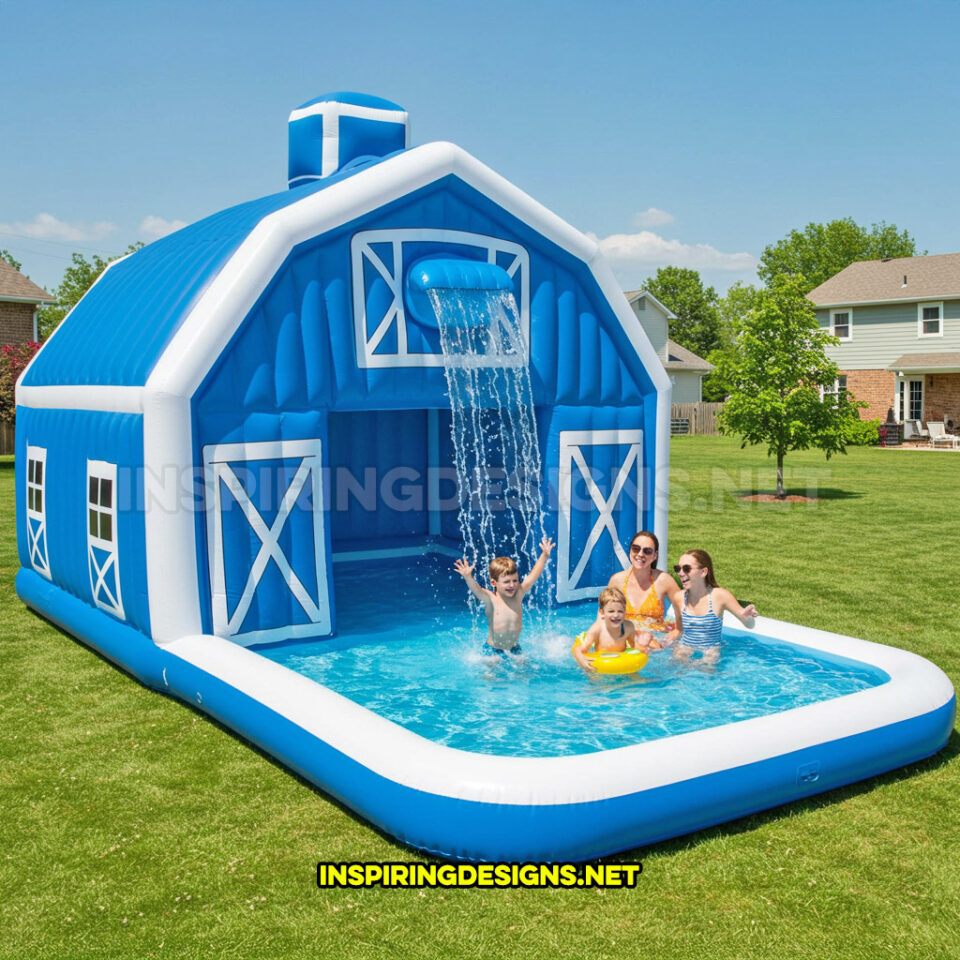 These Inflatable Barn Pools Have Built-in Waterfalls Over The Entrance