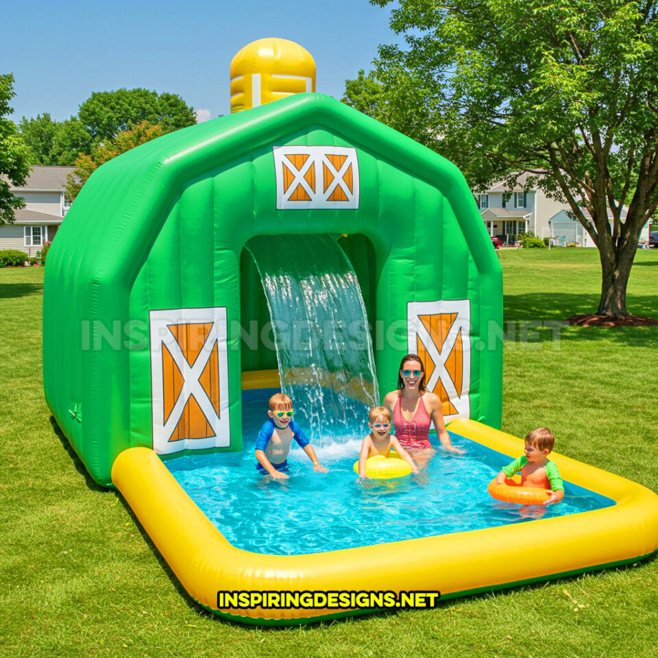 These Inflatable Barn Pools Have Built-in Waterfalls Over The Entrance