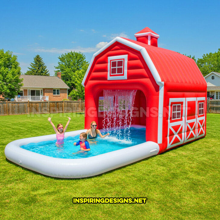 These Inflatable Barn Pools Have Built-in Waterfalls Over The Entrance