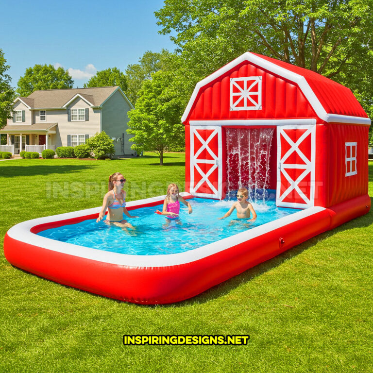 These Inflatable Barn Pools Have Built-in Waterfalls Over The Entrance