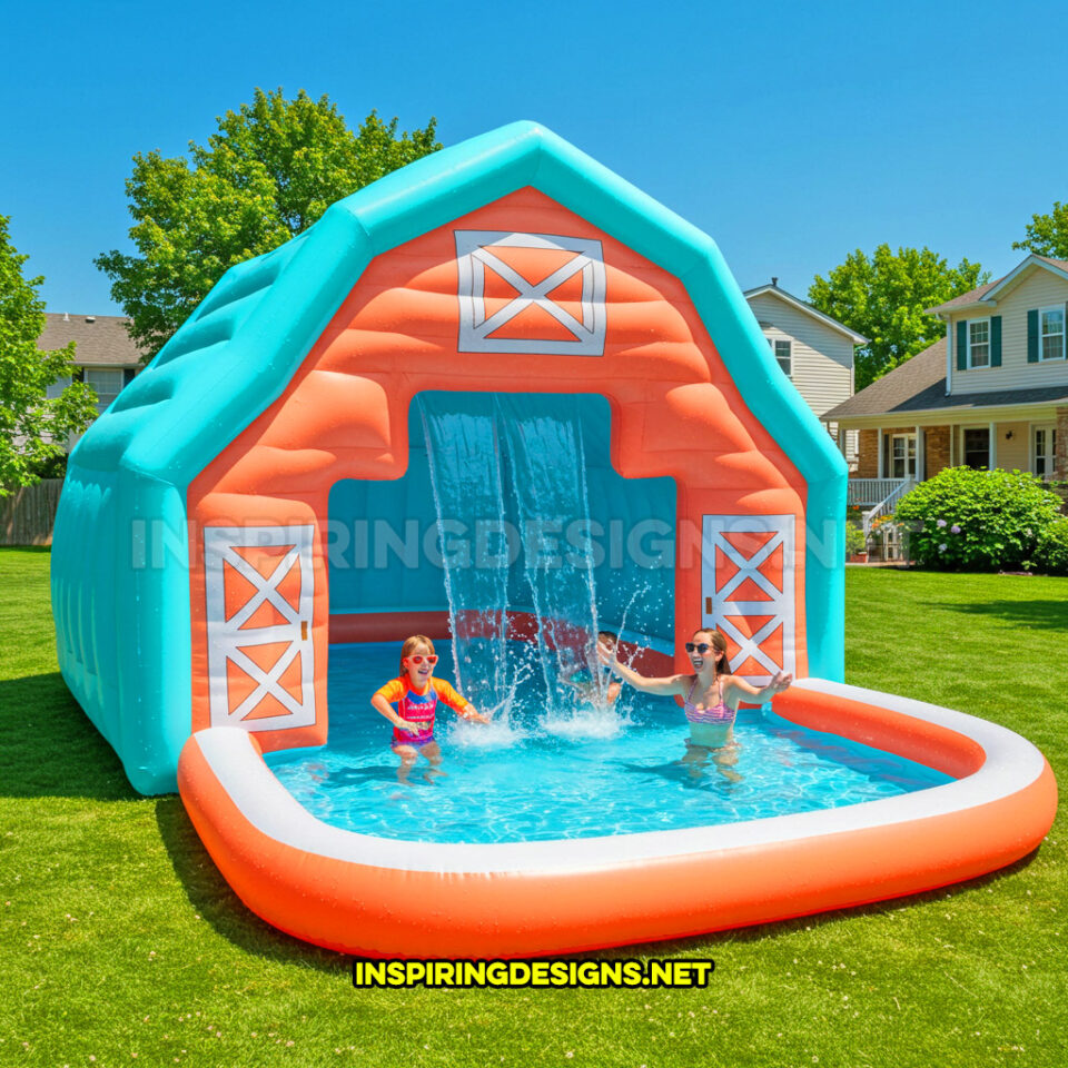 These Inflatable Barn Pools Have Built-in Waterfalls Over The Entrance