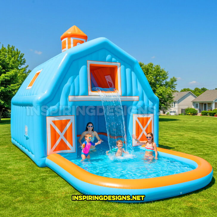 These Inflatable Barn Pools Have Built-in Waterfalls Over The Entrance