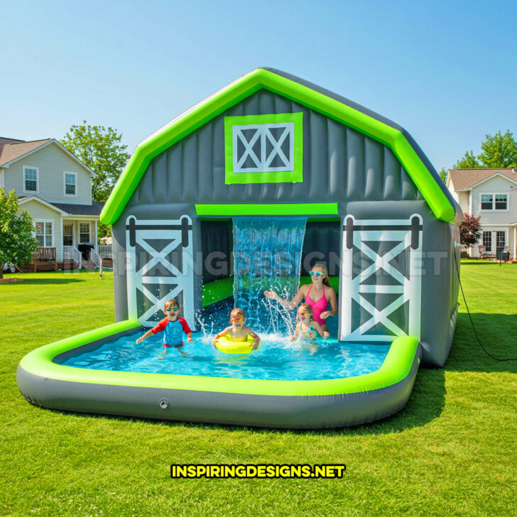 These Inflatable Barn Pools Have Built-in Waterfalls Over The Entrance