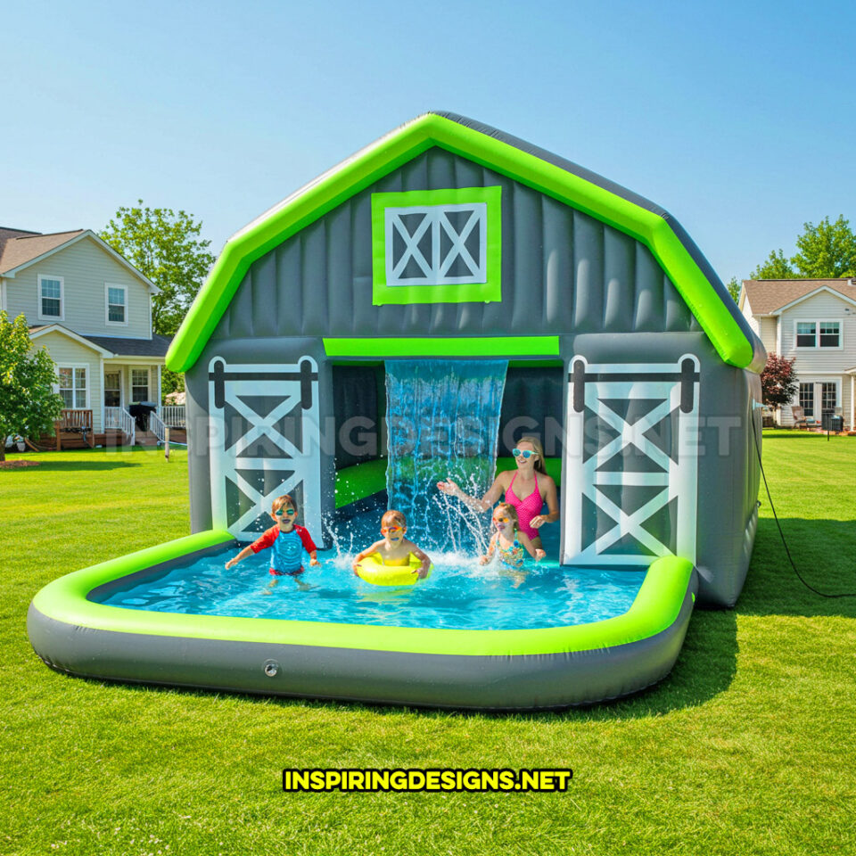 These Inflatable Barn Pools Have Built-in Waterfalls Over The Entrance