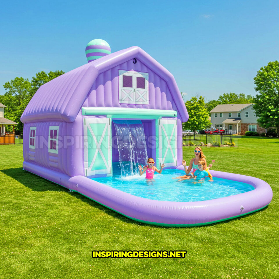 These Inflatable Barn Pools Have Built-in Waterfalls Over The Entrance