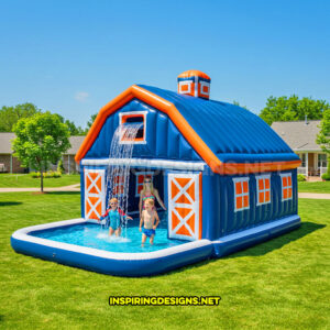 These Inflatable Barn Pools Have Built-in Waterfalls Over The Entrance