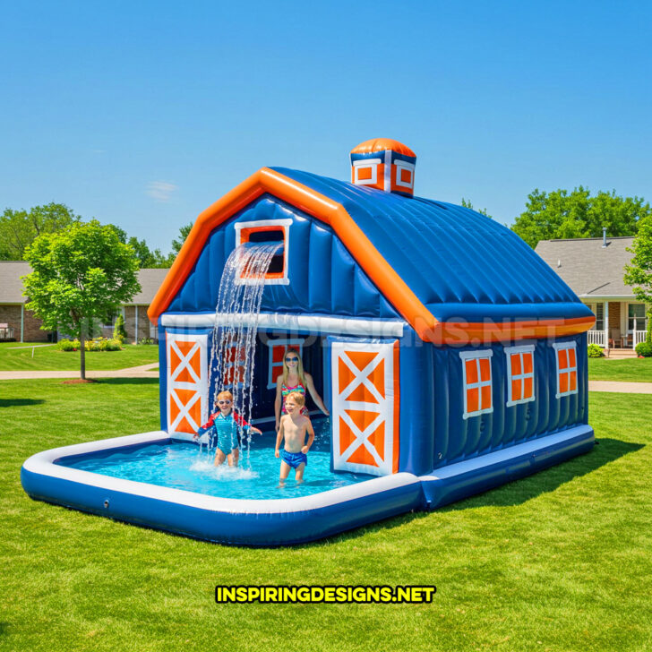 These Inflatable Barn Pools Have Built-in Waterfalls Over The Entrance