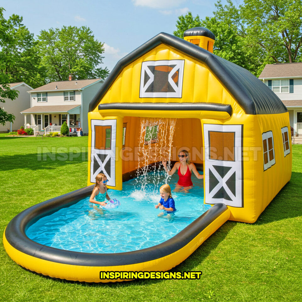 These Inflatable Barn Pools Have Built-in Waterfalls Over The Entrance