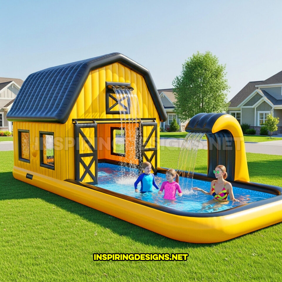 These Inflatable Barn Pools Have Built-in Waterfalls Over The Entrance