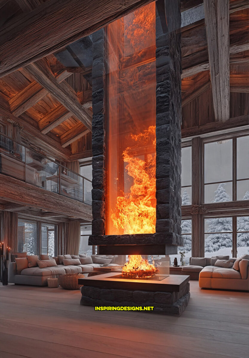 These Giant Cabin Fireplaces Steal the Show With Vertical Inferno Flames
