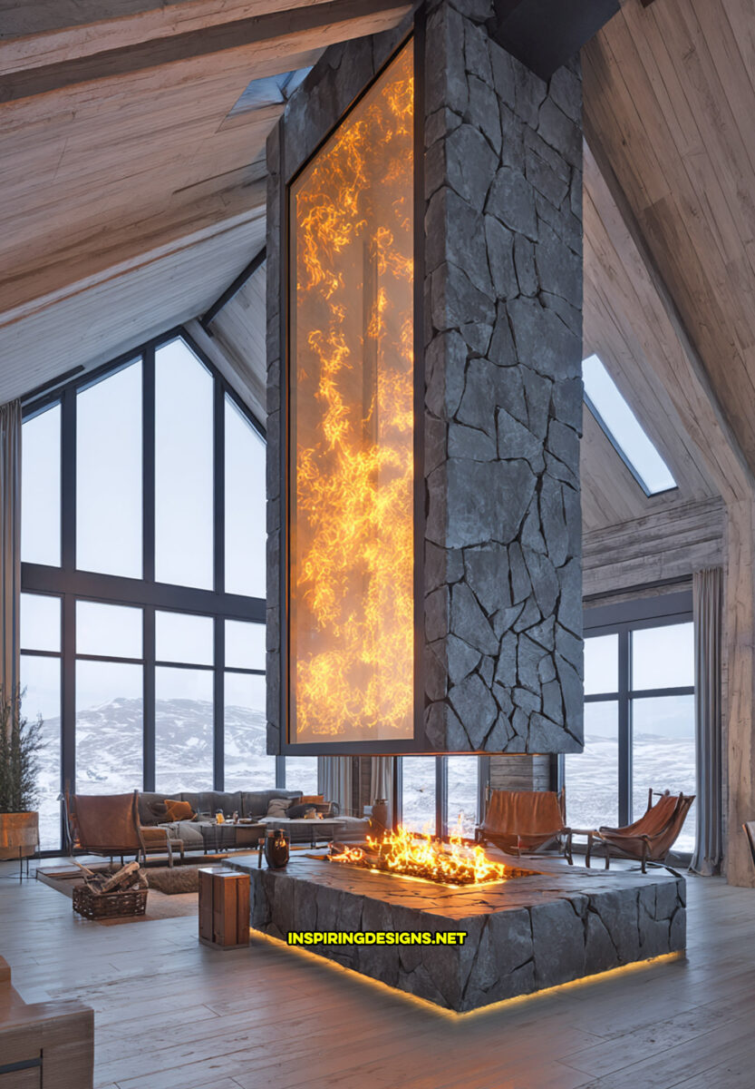 These Giant Cabin Fireplaces Steal the Show With Vertical Inferno Flames