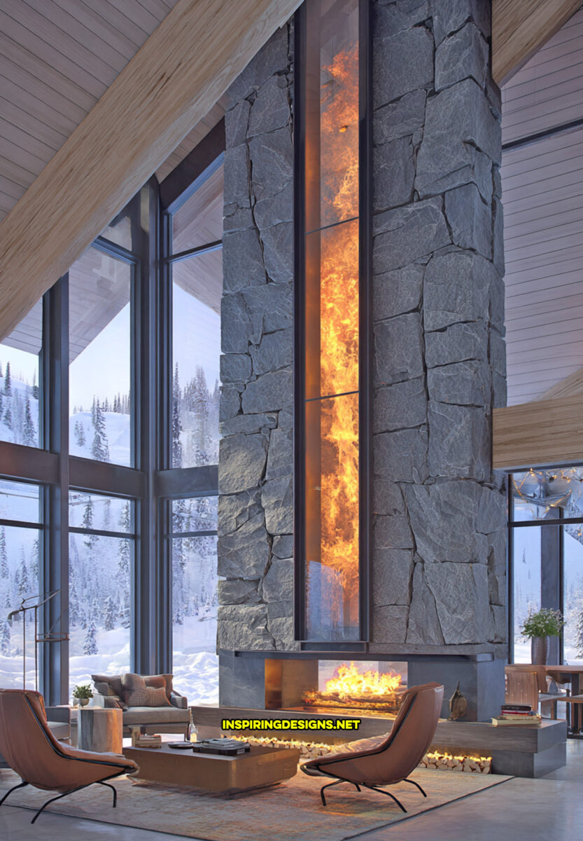 These Giant Cabin Fireplaces Steal the Show With Vertical Inferno Flames