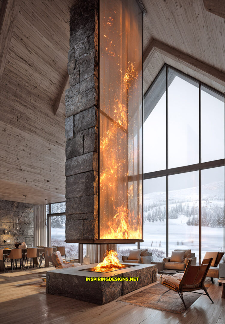 These Giant Cabin Fireplaces Steal the Show With Vertical Inferno Flames