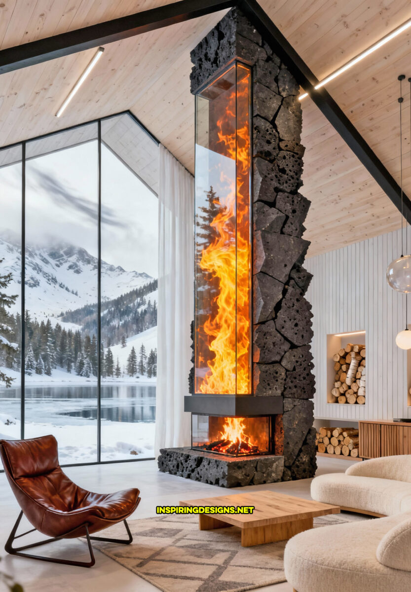 These Giant Cabin Fireplaces Steal the Show With Vertical Inferno Flames