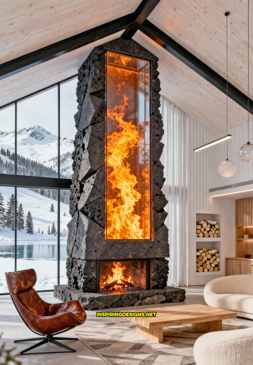 These Giant Cabin Fireplaces Steal the Show With Vertical Inferno Flames